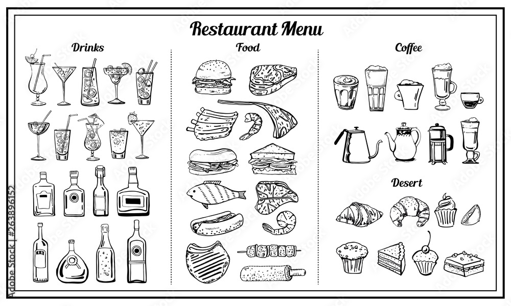 Objects set for restaurant and cafe menu. Vector outline hand drawn ...