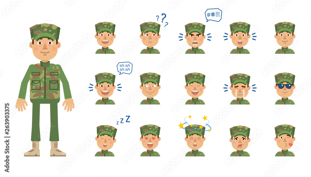 Big set of military man emoticons. Soldier showing different facial ...