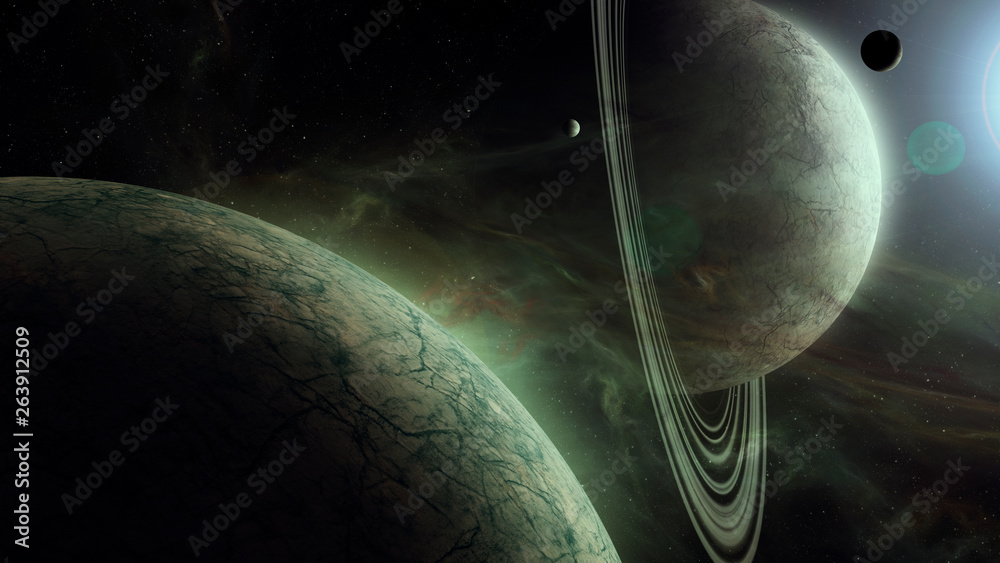 surreal space landscape with giant planets and sattelites in bright ...
