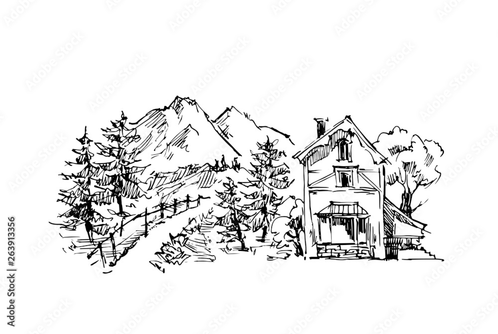 Rural sketch andscape. Vector illustration. Ink hand drawing landscape ...