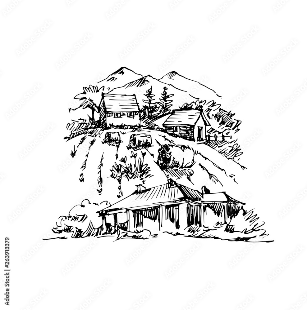 Rural sketch andscape. Vector illustration. Ink hand drawing landscape ...