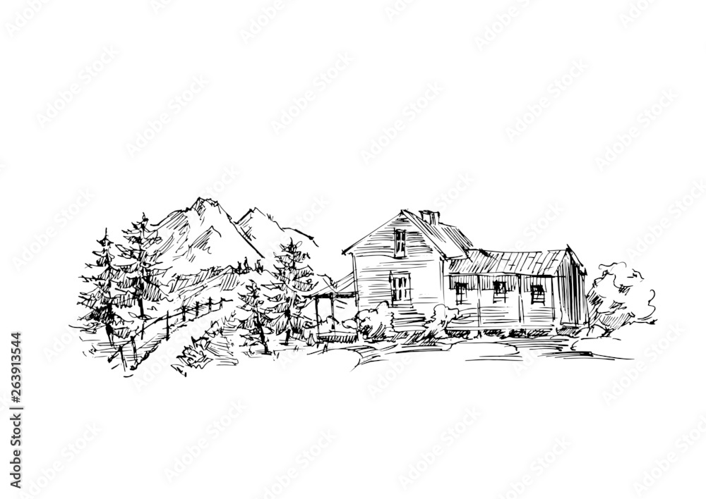 Rural sketch andscape. Vector illustration. Ink hand drawing landscape ...