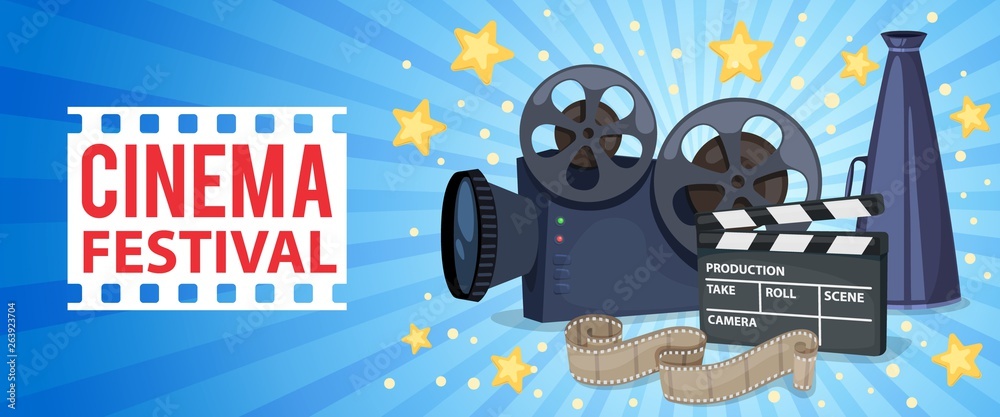 Horizontal banner with cinema icons - movie projector, clapper board ...