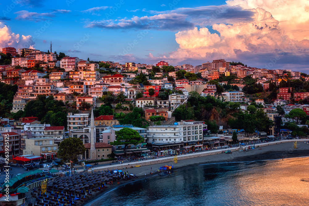 Panoramic view of Ulcinj at sunset, beautiful mediterranean town ...
