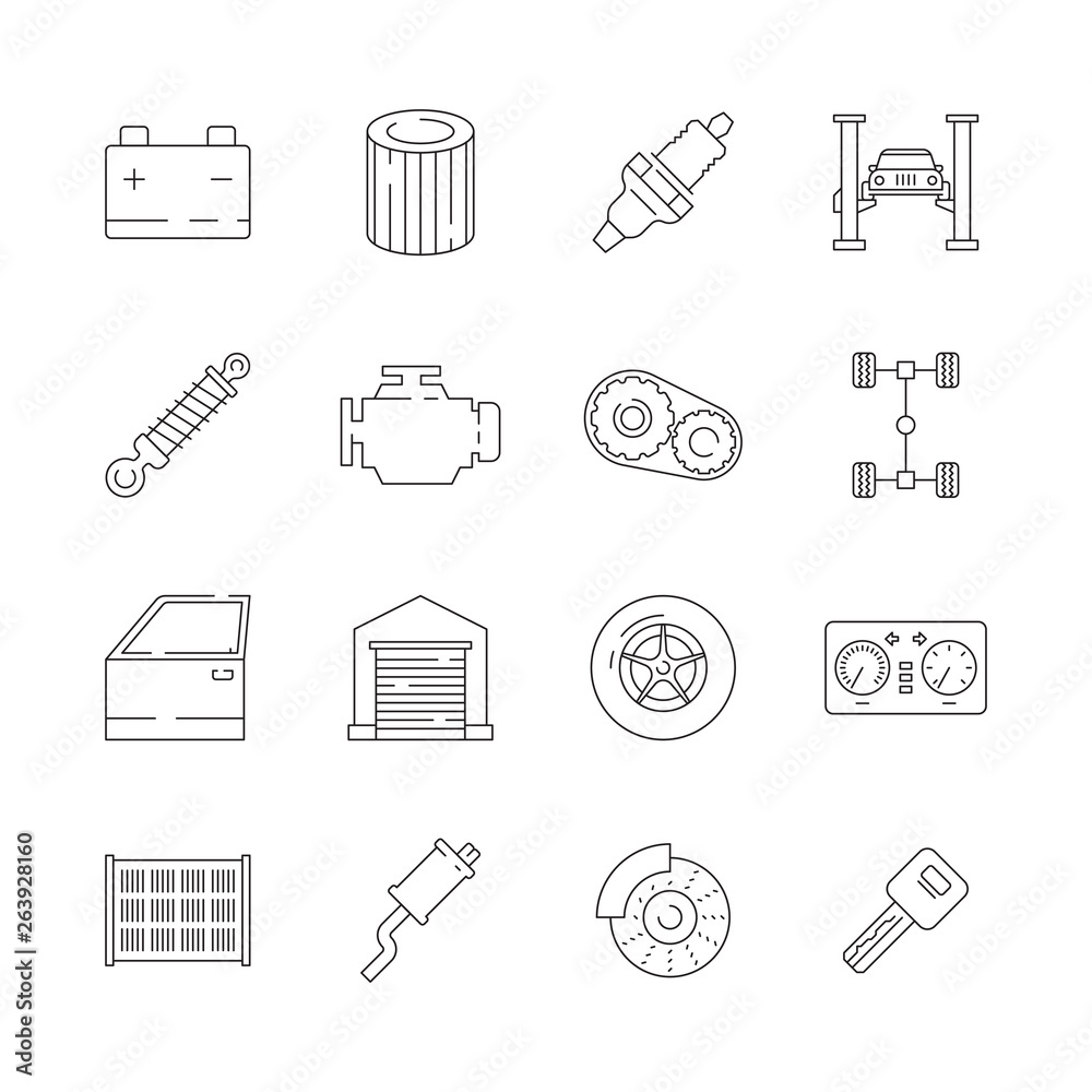 Car service icon. Auto parts gearbox engine vectors simple thin line ...