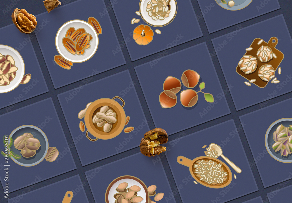 16 Colorful Nuts and Seeds Icons Layout Stock Template | Adobe Stock