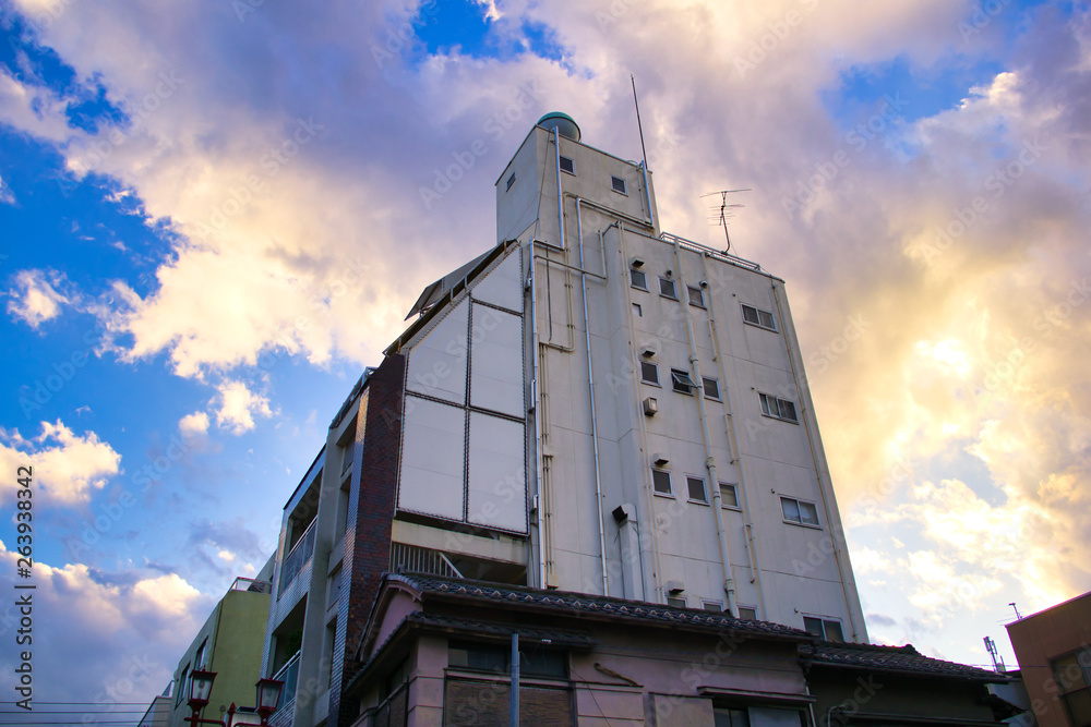 Japan style building with sunset cloud background, all elegant curves ...