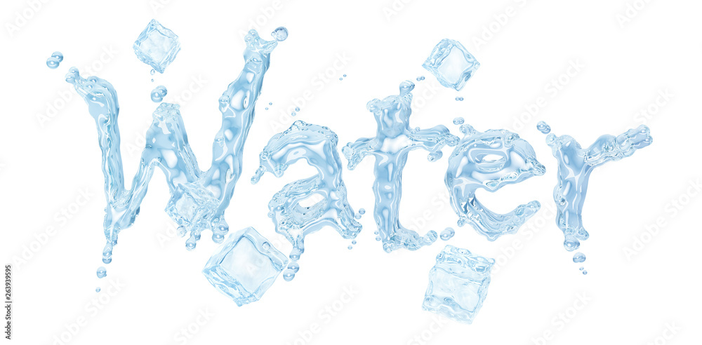 Water splash with ice cubes and water droplets in the form of word # ...