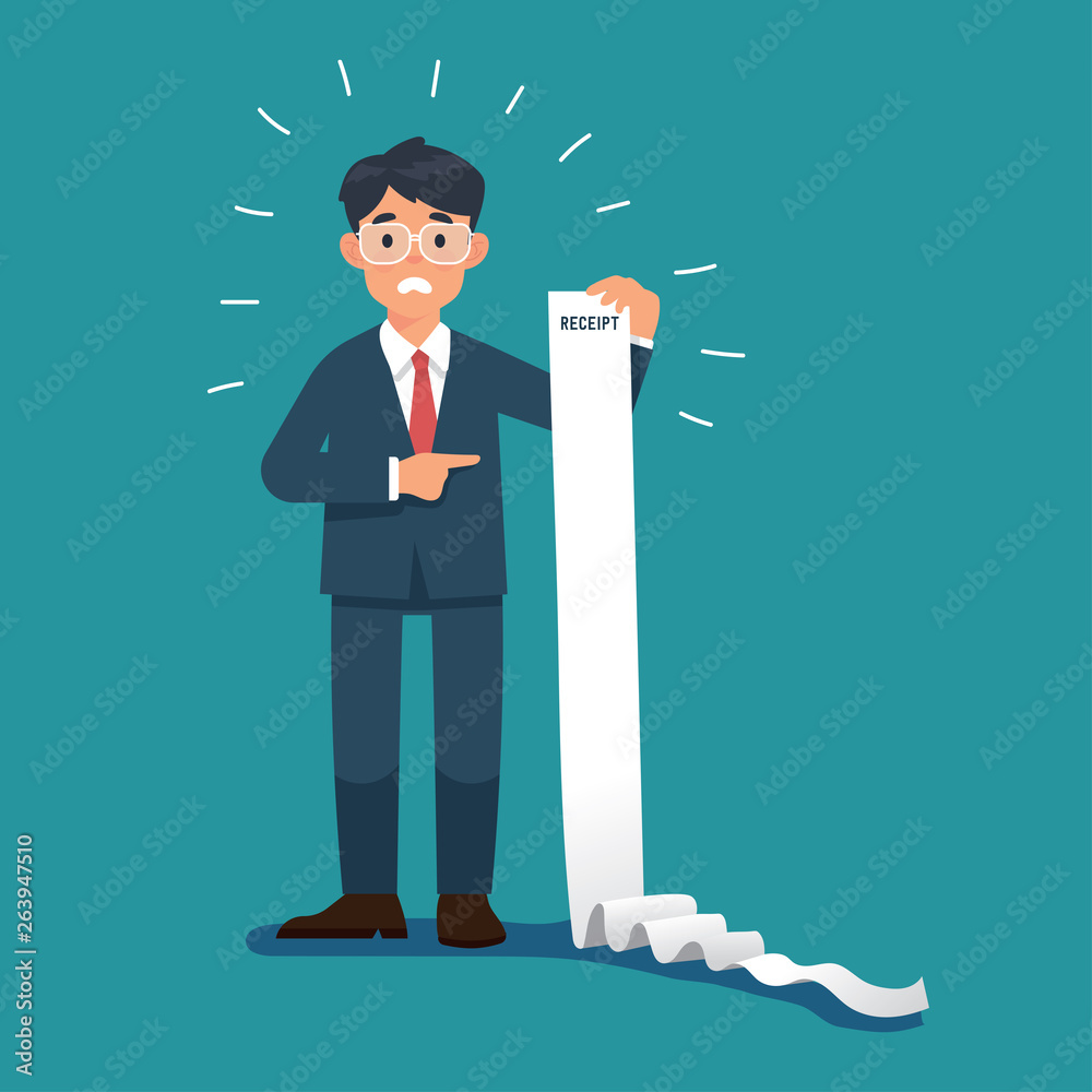 vector illustration man worker shock getting bill or receipt so long ...