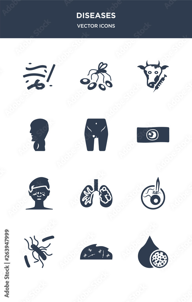 12 diseases vector icons such as lead poisoning, legionellosis ...