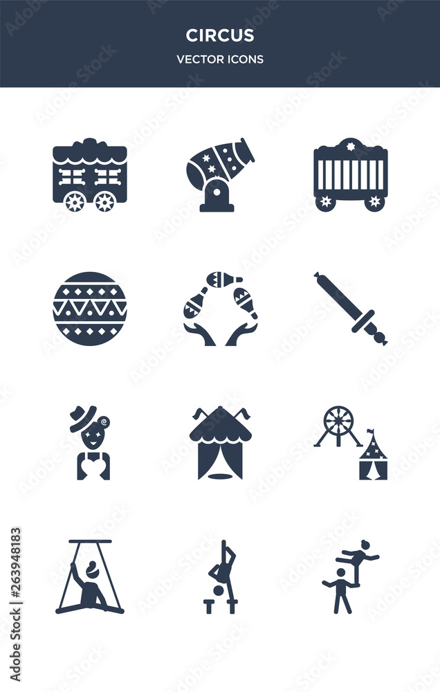 12 circus vector icons such as acrobat, acrobatics, aerialist ...