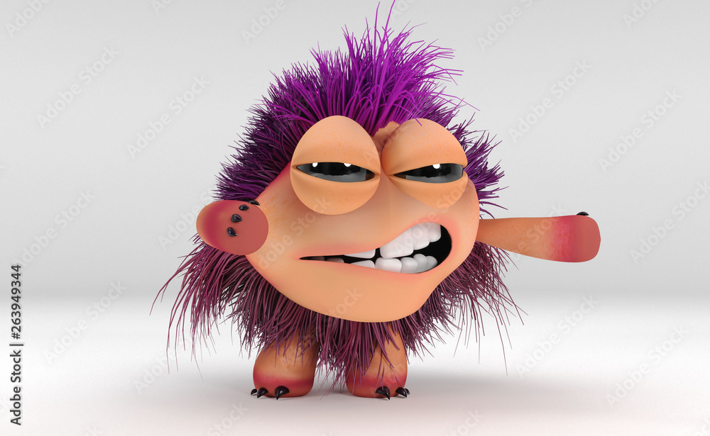 Angry Kawaii monster pointing with purple hair and black eyes - 3D ...