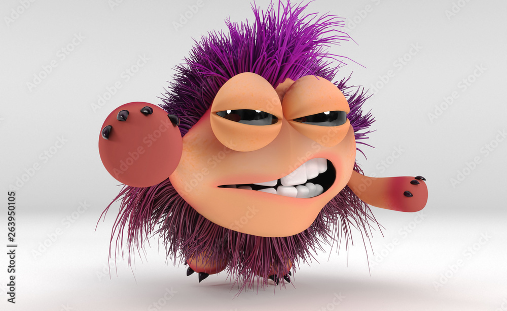 Angry Kawaii monster pointing with purple hair and black eyes - 3D ...