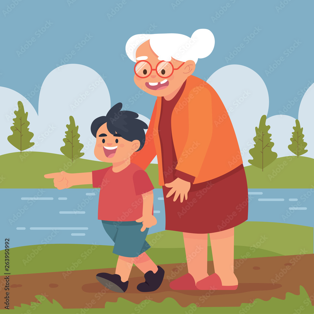 vector illustration old woman / grandmother walk to the park with his ...