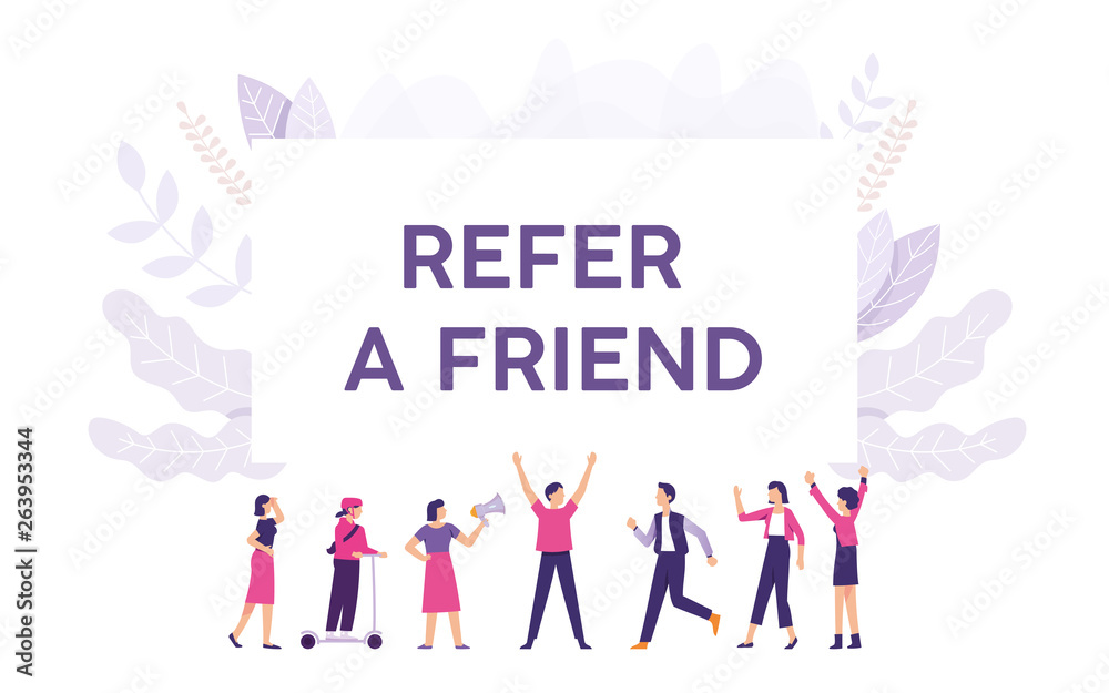 people holding Refer a friend word concept, a team work standing and ...