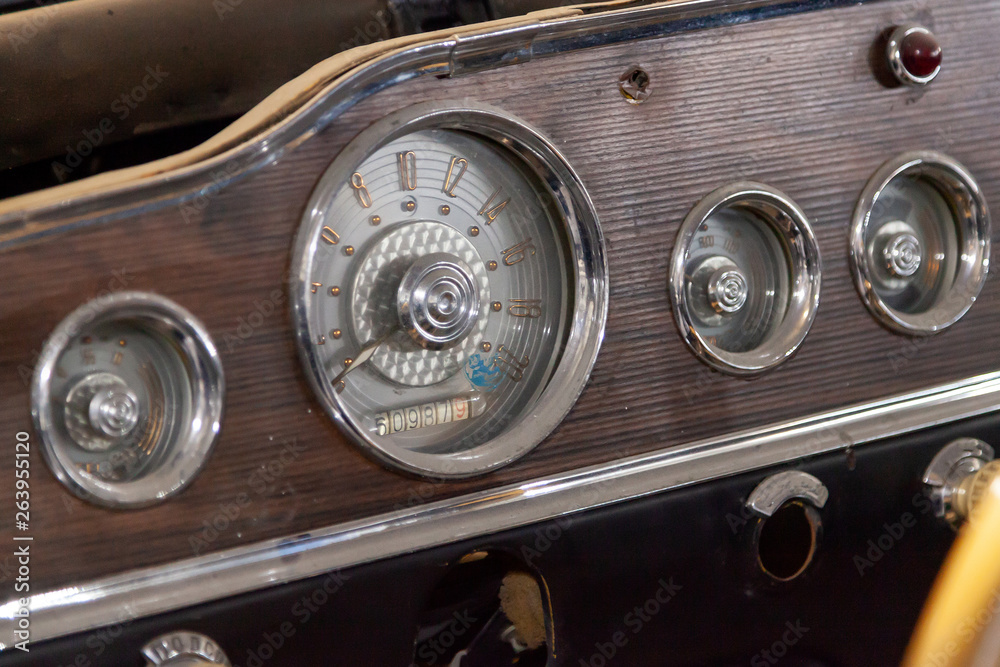 Vintage retro car dashboard with analog speedometer, tachometer and ...