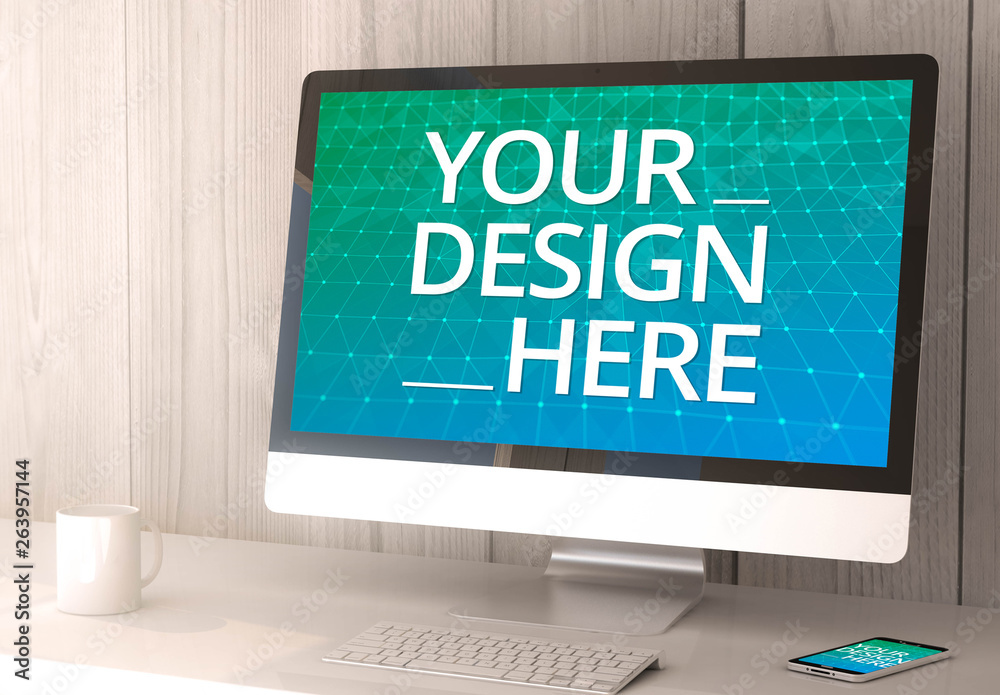 Wood Work Desk with Computer and Smartphone Mockups Stock Template ...