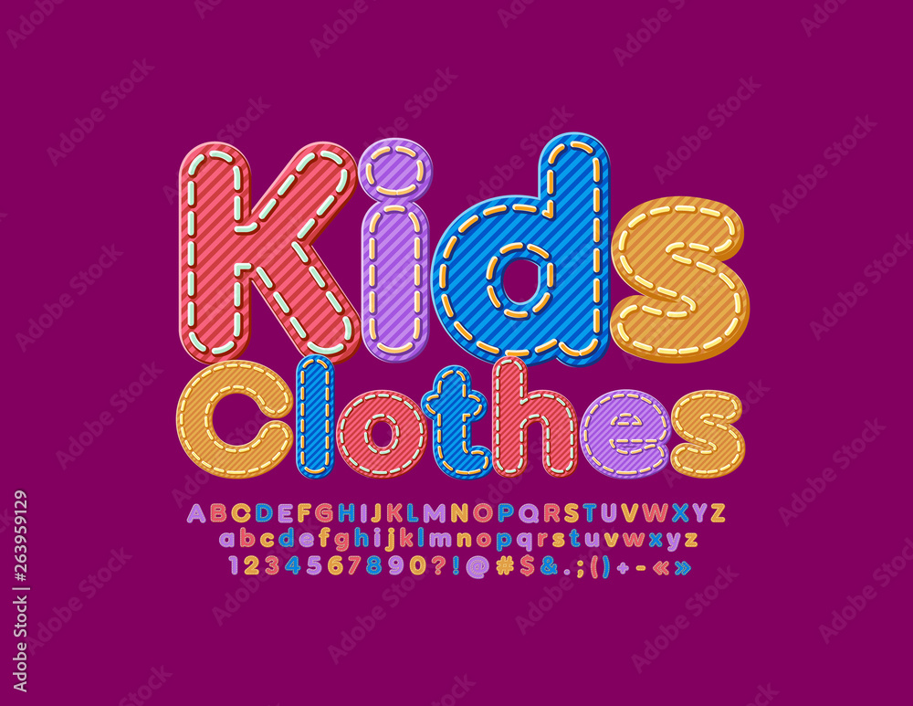 Vector denim emblem Kids Clothes with colorful Font. Jeans textured ...