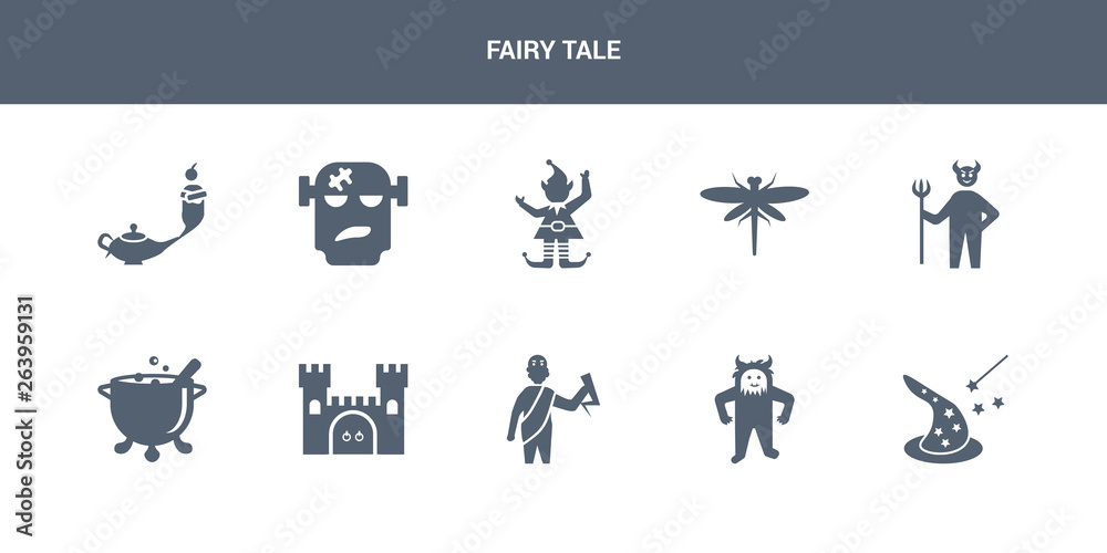 10 fairy tale vector icons such as wizard, yeti, zeus, castle, cauldron ...