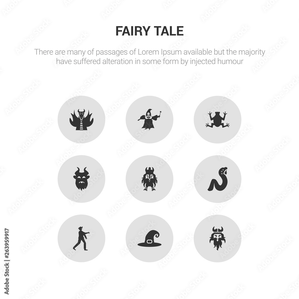 9 round vector icons such as viking, witch hat, zombie, rapunzel, dwarf ...