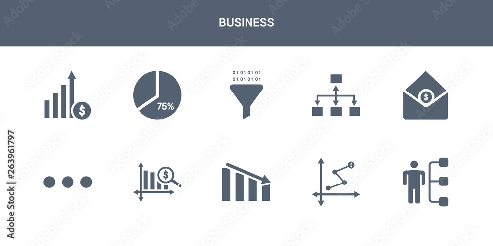10 business vector icons such as department head, depleting chart, diagram, dollar analysis bars ...