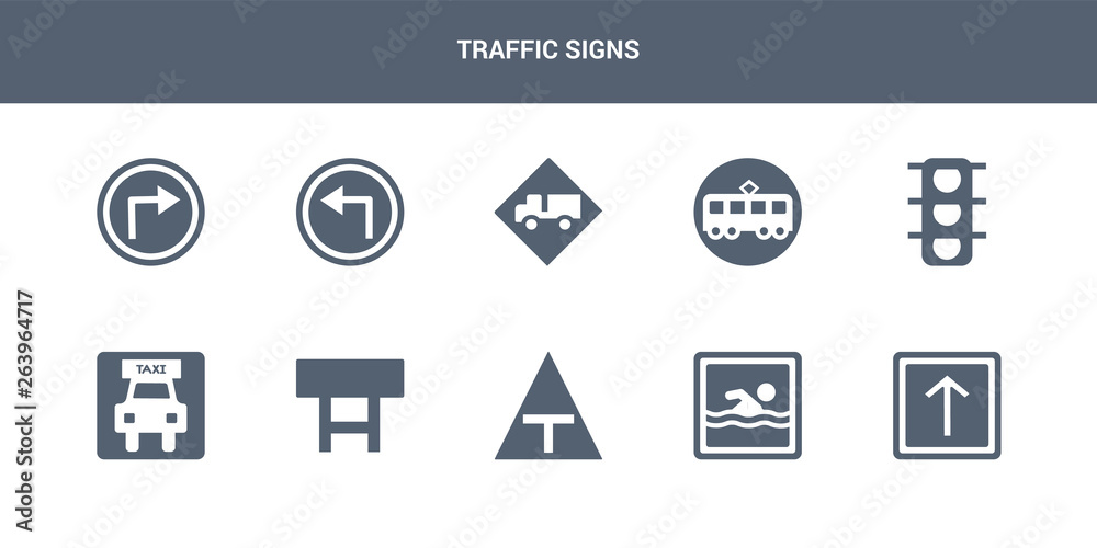 10 traffic signs vector icons such as straight, swimming, t junction ...