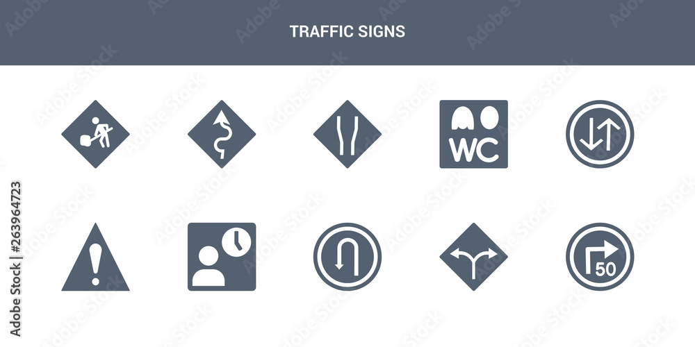 10 traffic signs vector icons such as turn with advisory speed, two ...