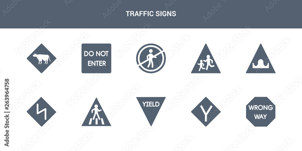10 traffic signs vector icons such as wrong way, y intersection, yield ...