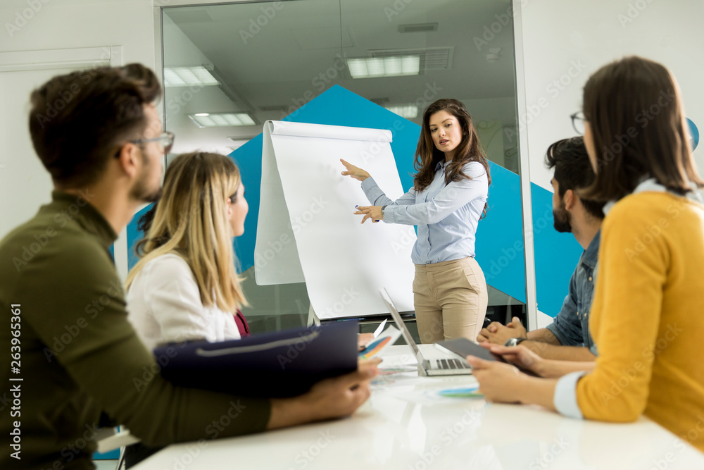 Confident young team leader giving a presentation to a group of young ...