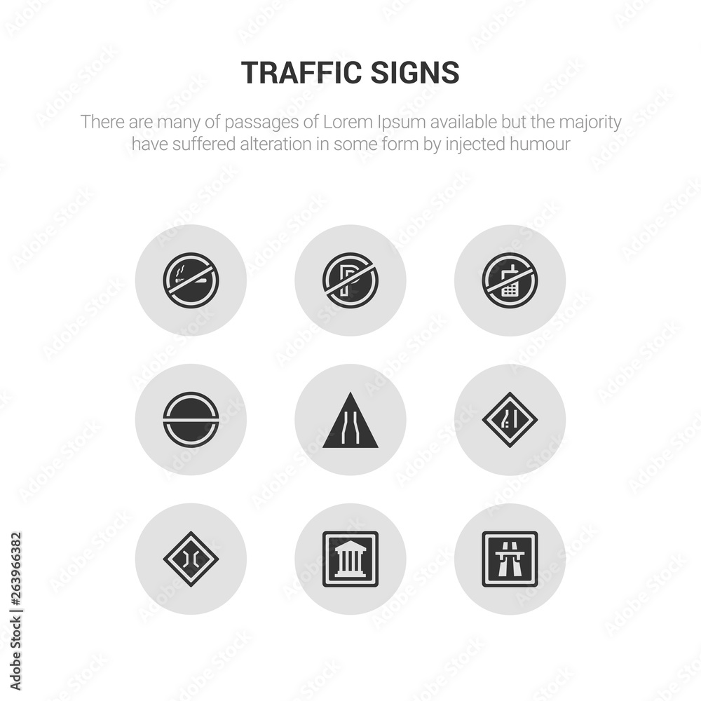 9 round vector icons such as motorway, museum, narrow bridge, narrow ...