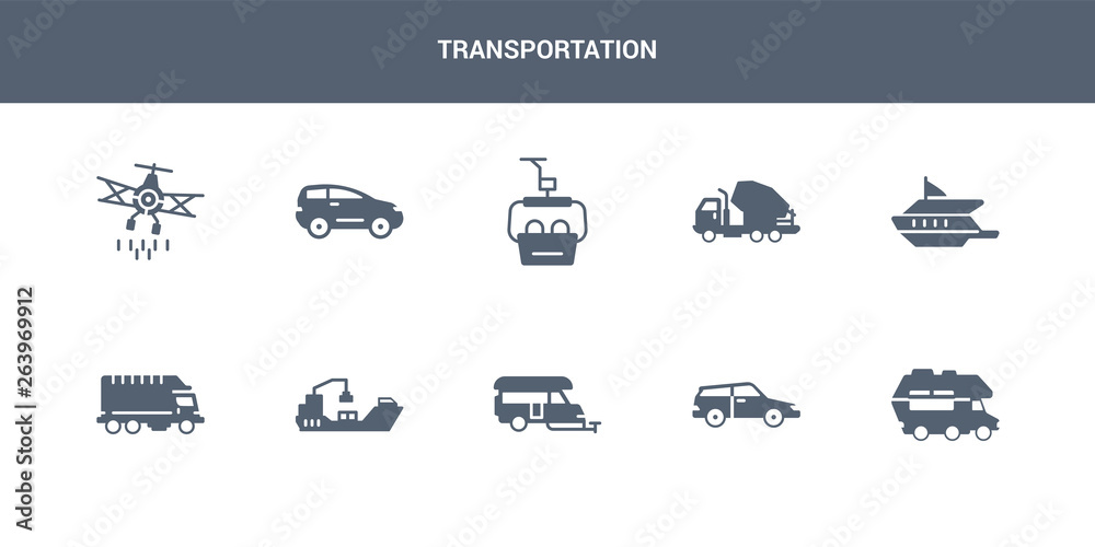 10 transportation vector icons such as camper car, car, caravan, cargo ...