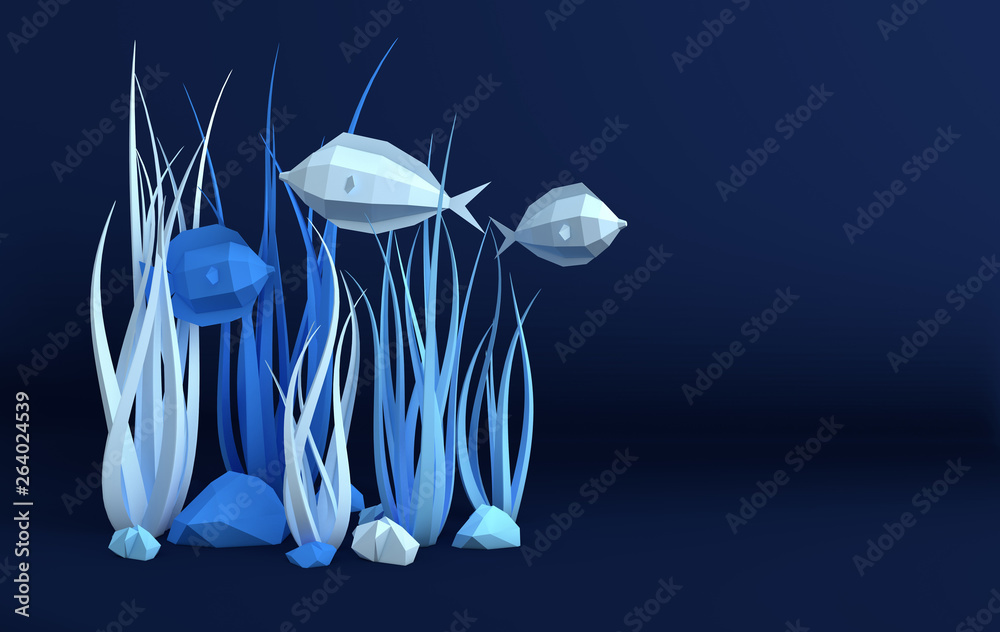 Paper underwater sea cave with fishes, stones, seabed in algae, waves ...