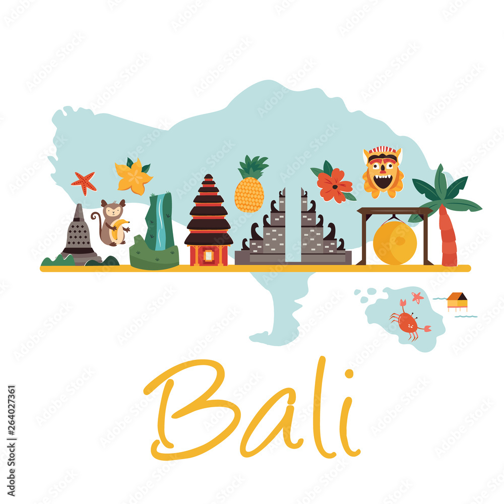 Cartoon illustration with Bali landmarks, symbols Stock Vector | Adobe ...