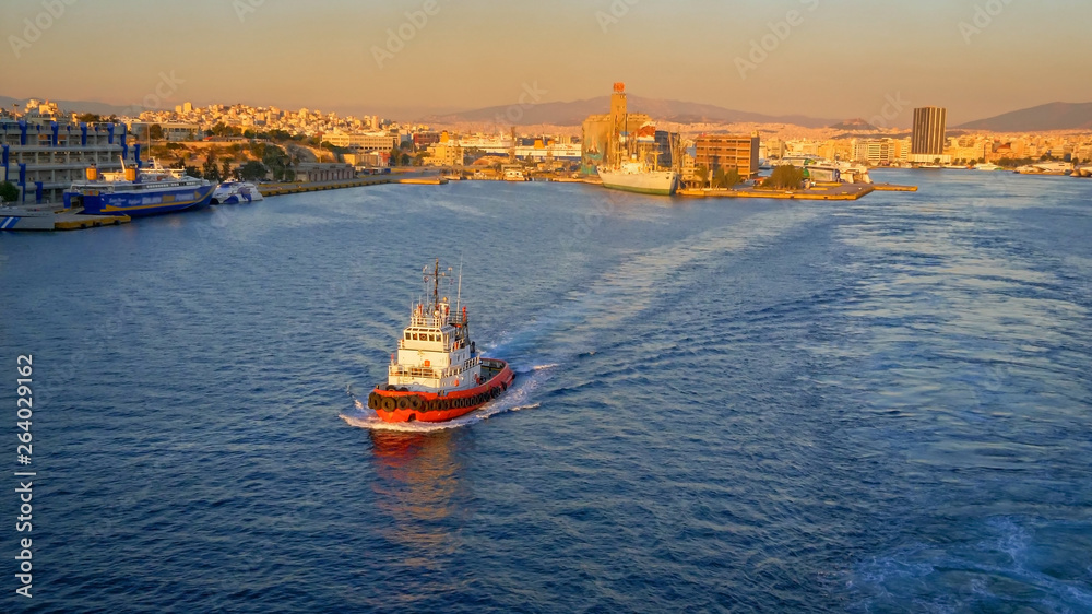 Port of Piraeus with Athens, Greece skyline. The largest Greek seaport ...