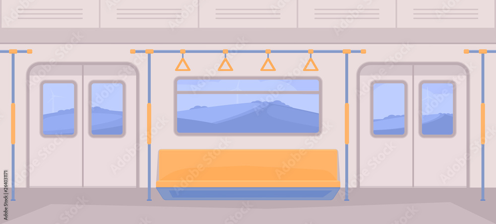 Subway train car inside. Interior with seats, a door for entrance and ...