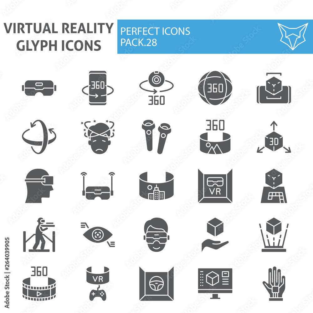 Virtual reality glyph icon set, augmented reality symbols collection ...