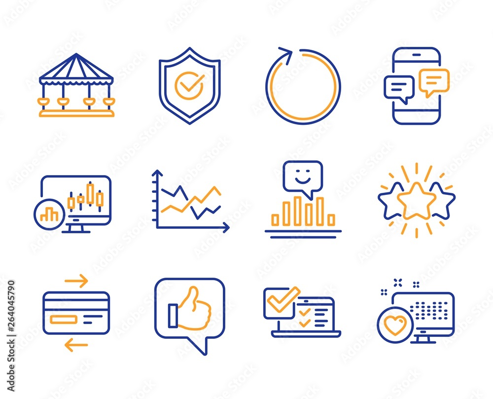 Star, Approved shield and Like icons simple set. Carousels, Loop and ...