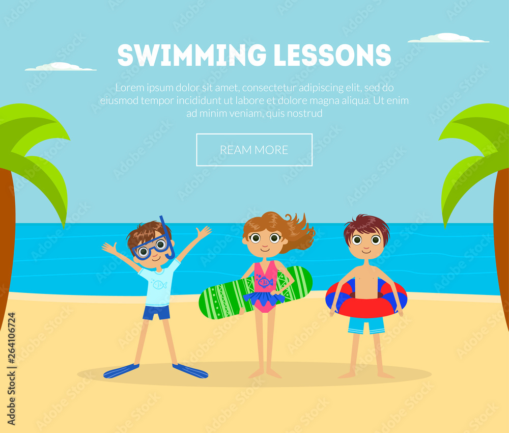 Swimming Lessons Banner Template with Cute Kids on Tropical Beach ...