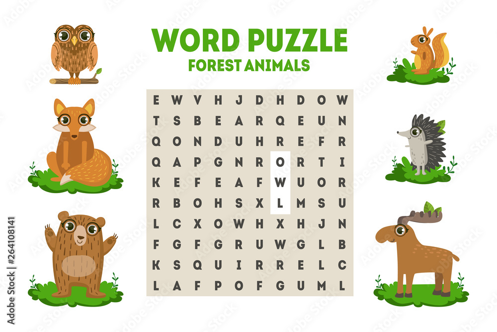 Word Search Puzzle with Forest Animals, Educational Game for Kids ...