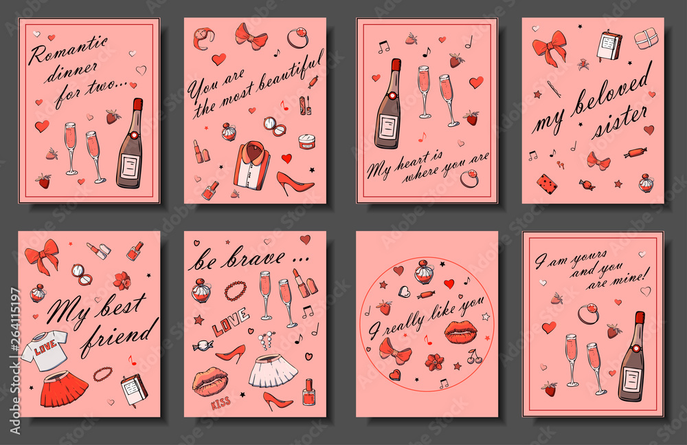Set of hand drawn templates fashion cards with girls things, romantic ...