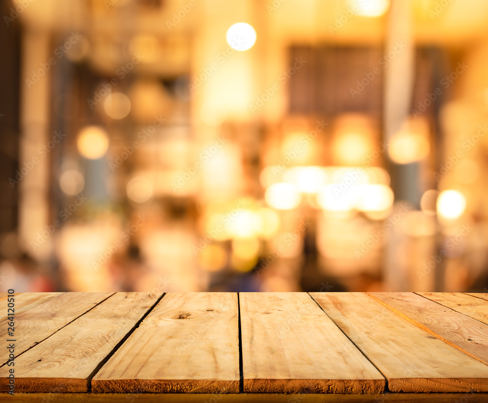 Wood texture table top (counter bar) with blur light gold bokeh in cafe ...