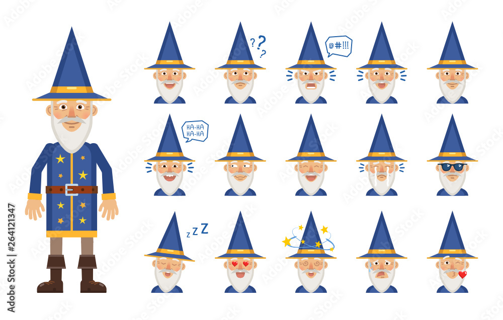 Big set of wizard emoticons. Magician avatars showing different facial ...