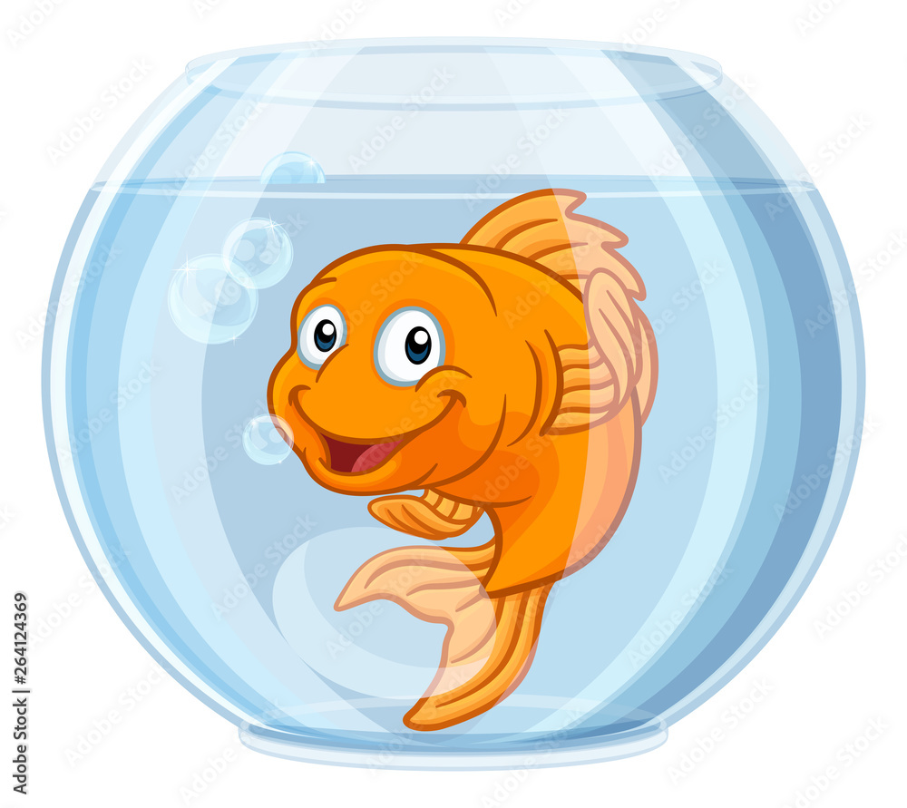 A goldfish in a gold fish bowl happy cute cartoon character Stock ...
