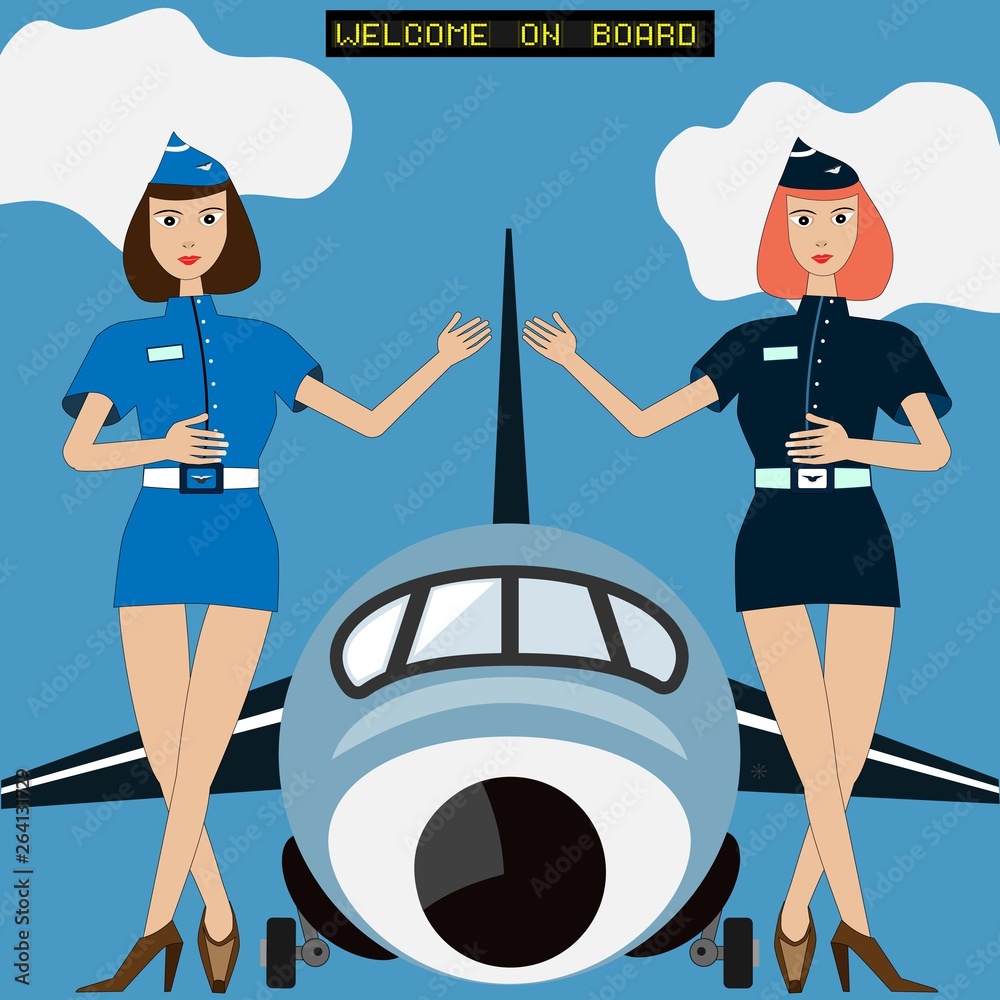 Two air ladies of flight hostess welcomes on boarding in from of big ...