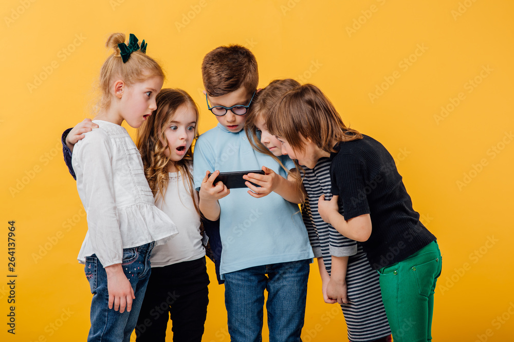 group of children, little boys and little girls are scared, surprised ...