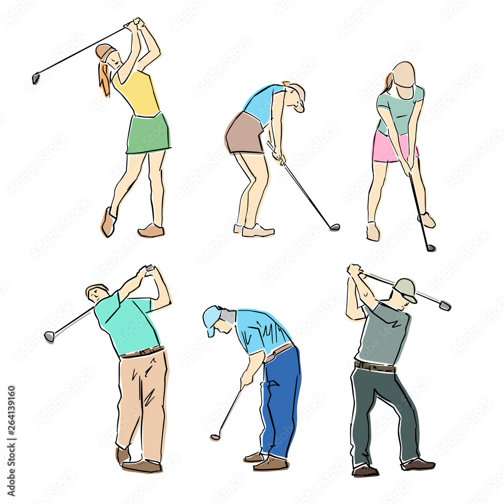 Set of male and female golfers. Collection of golf players in different ...