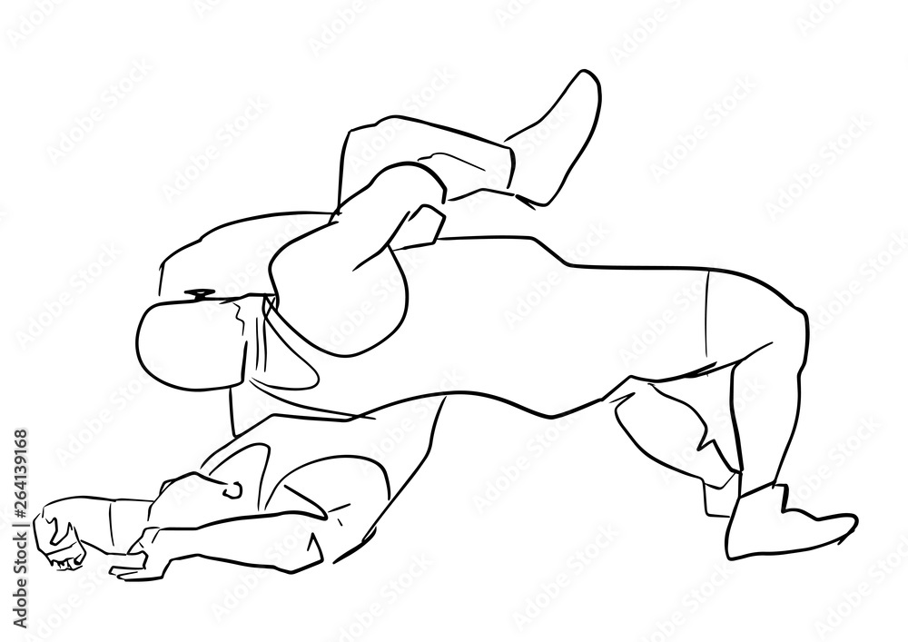 Greco-Roman wrestling. Black isolated contour. Fight of two wrestlers ...