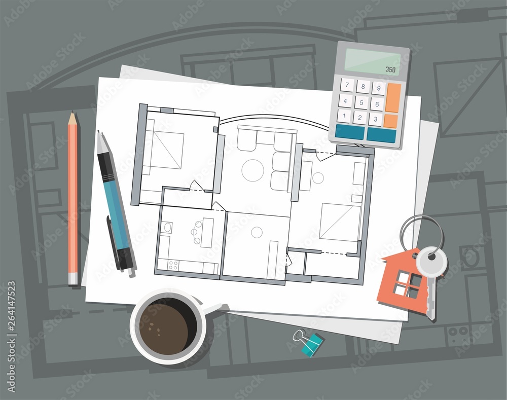 Construction project architect house plan with tools. Key with symbol ...