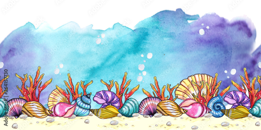 Hand painted watercolor shells template isolated on white background ...
