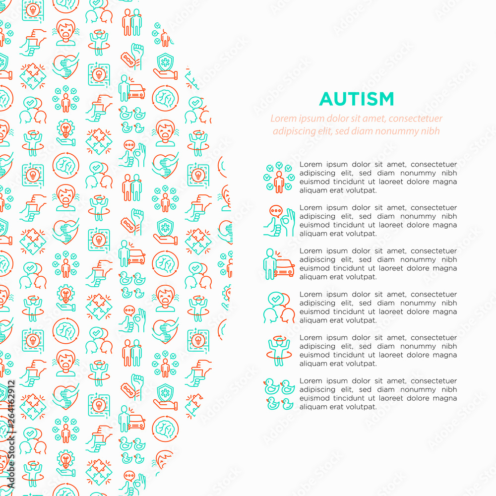 Autism concept, symptoms and adaptive skills thin line icons ...